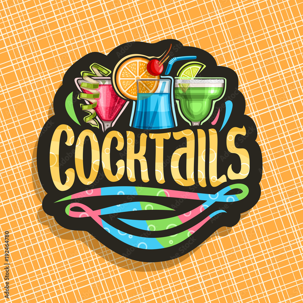 Vector logo for alcoholic Cocktails, black signage with 3 colorful ...