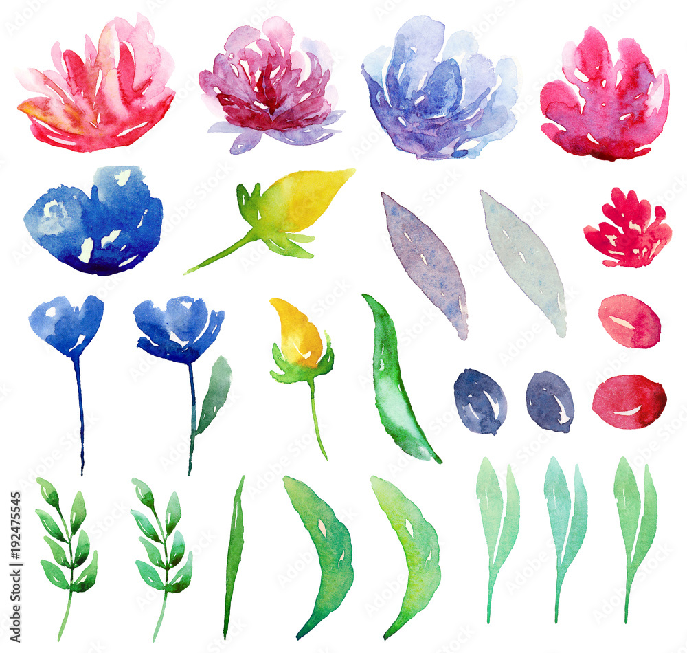 Watercolor abstract flowers clipart. Floral clip art set Stock ...