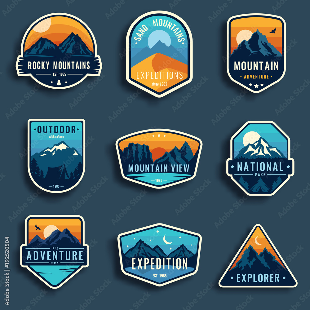 Set of nine mountain travel emblems. Camping outdoor adventure emblems ...