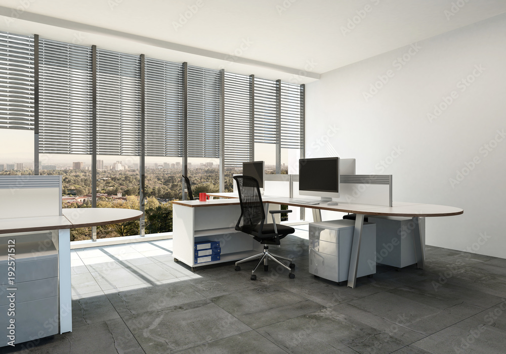 Modern open plan office with large windows Stock Illustration | Adobe Stock