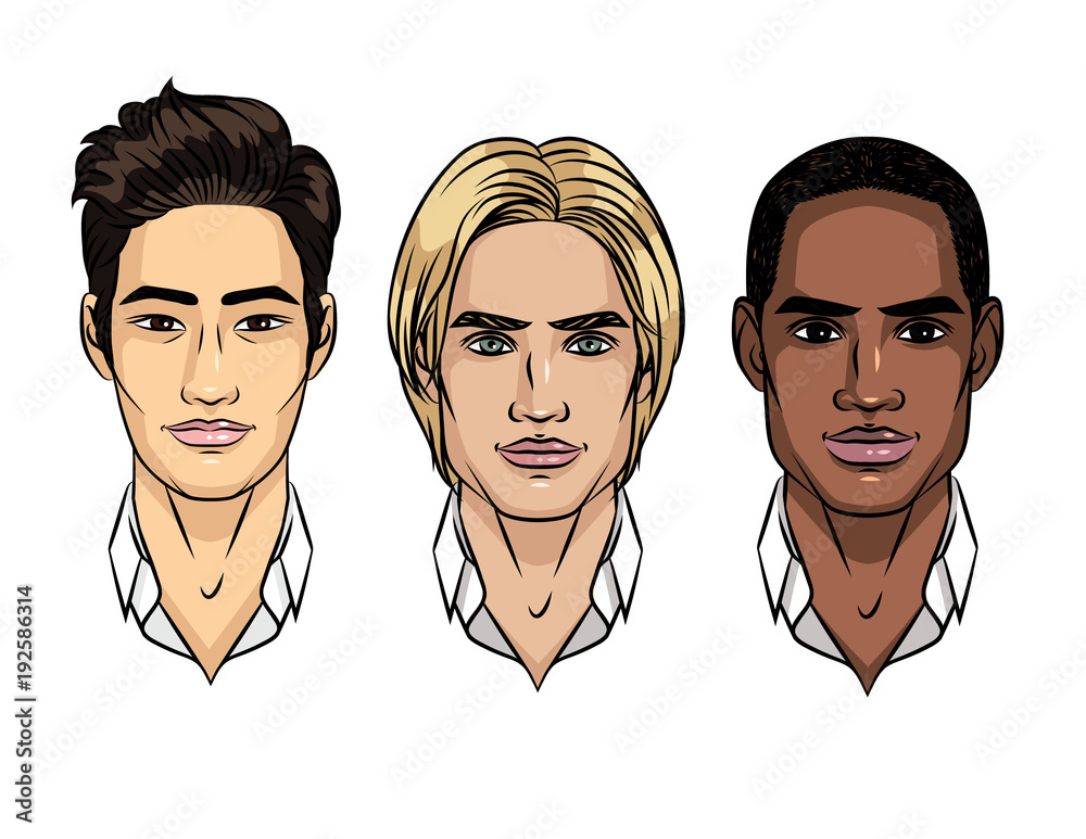 Vector set of men's faces different nationalities. Asian, european ...