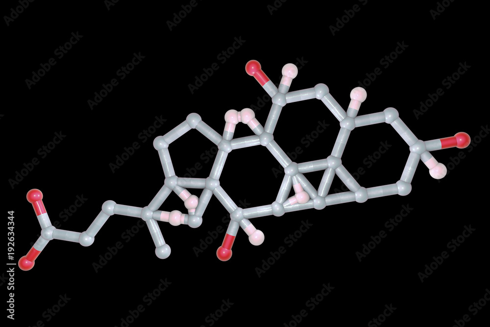 Cholic acid molecule isolated on black background, 3D illustration. A ...