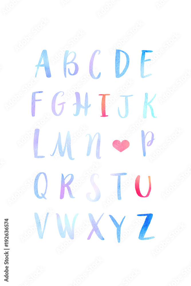 Watercolor hand lettering of English alphabet isolated on white ...