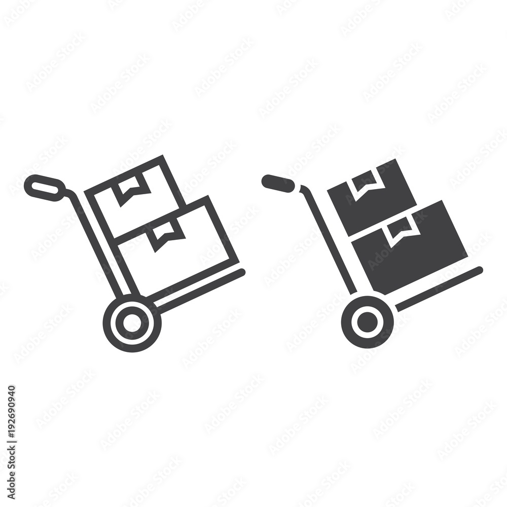 Hand truck with cardboard boxes line amd glyph icon, logistic and ...