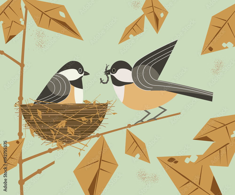 Vector de Stock Chickadee bird couple. Cute comic cartoon. Birds on ...