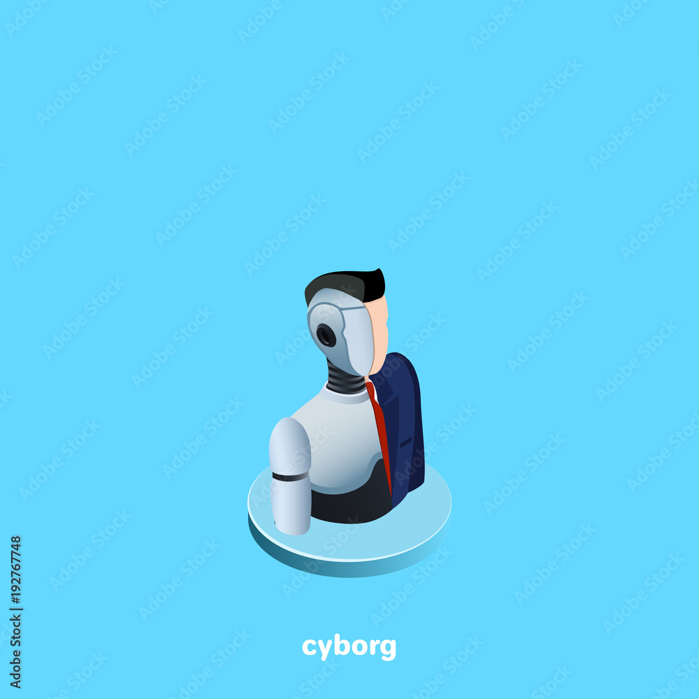 Icon of the cyborg, one half of which looks like a man in a business ...