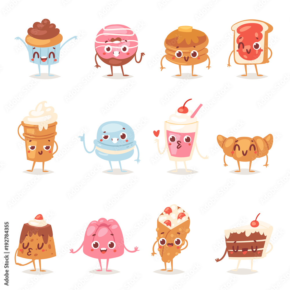 Cartoon cake character vector chocolate sweets confectionery cupcake ...
