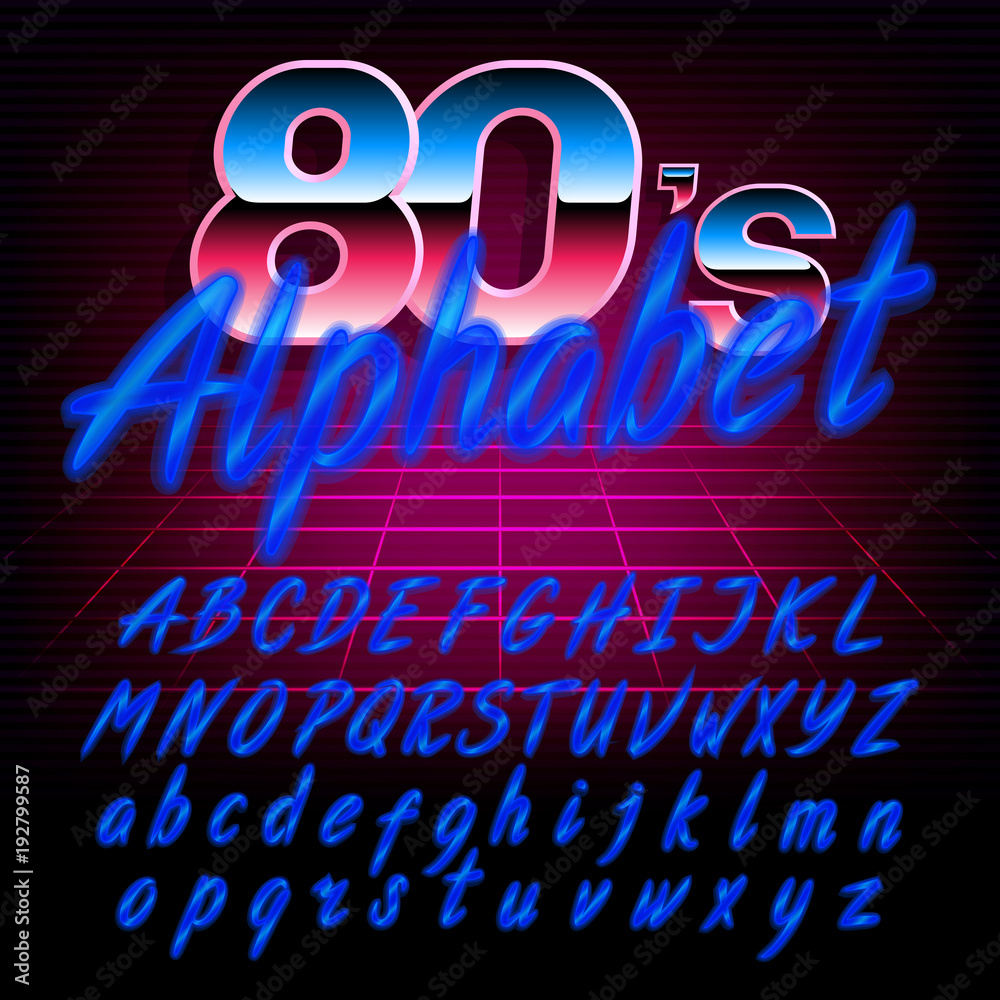 Стоковое векторное изображение «80's retro alphabet font. Glow effect ...