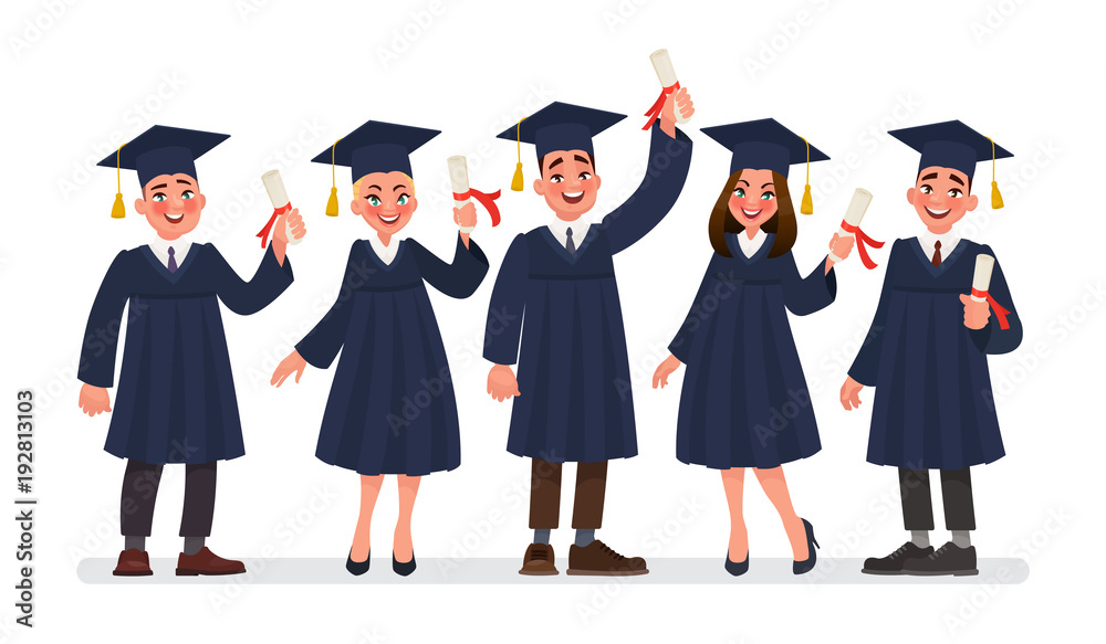 Group of graduates students with diplomas. Vector illustration in ...