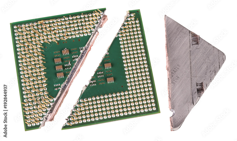 Broken computer processor with critical architecture bug. Shards of modern CPU. Idea of cyber ...