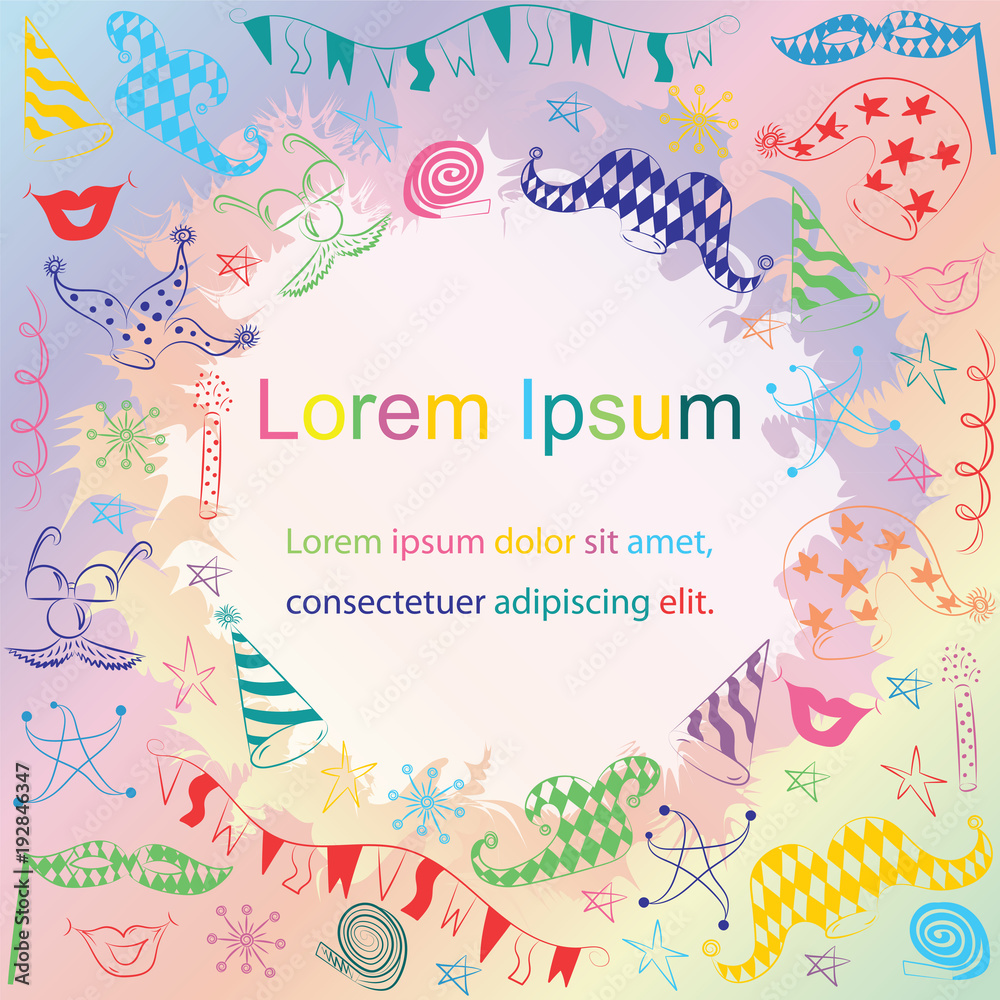 Colorful Hand Drawn Party Symbols on Pastel Background. Template with ...