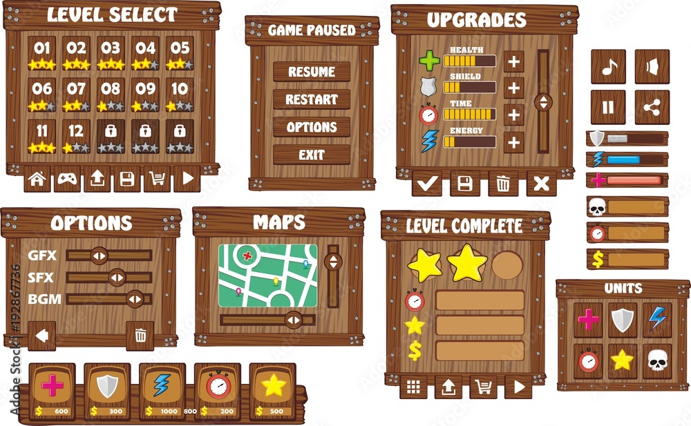 Game User Interface in cartoon style with basic buttons and functions, status bar, for creating ...