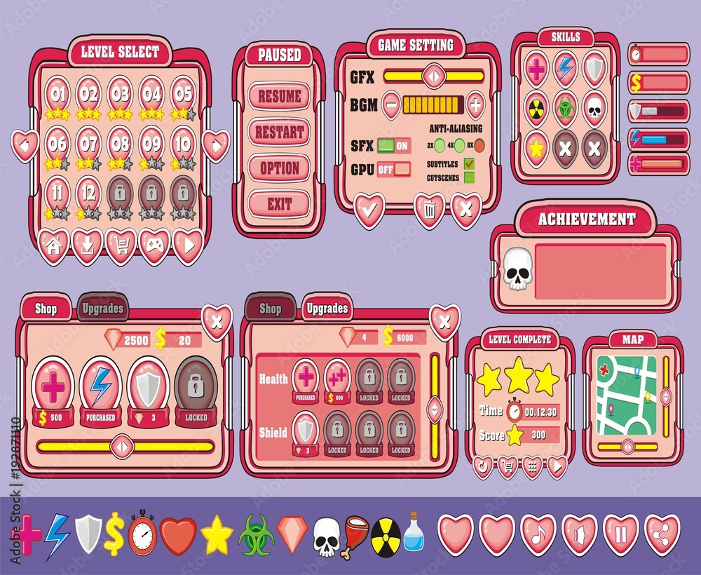 Game User Interface in cartoon style with basic buttons and functions, status bar, for creating ...
