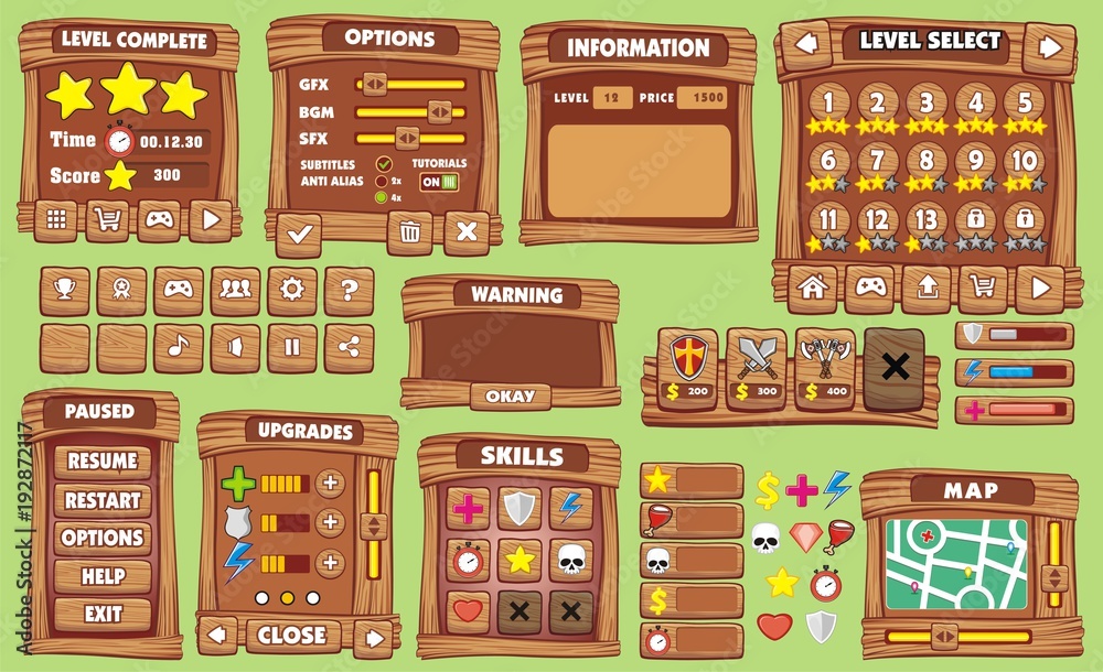 Game User Interface in cartoon style with basic buttons and functions ...