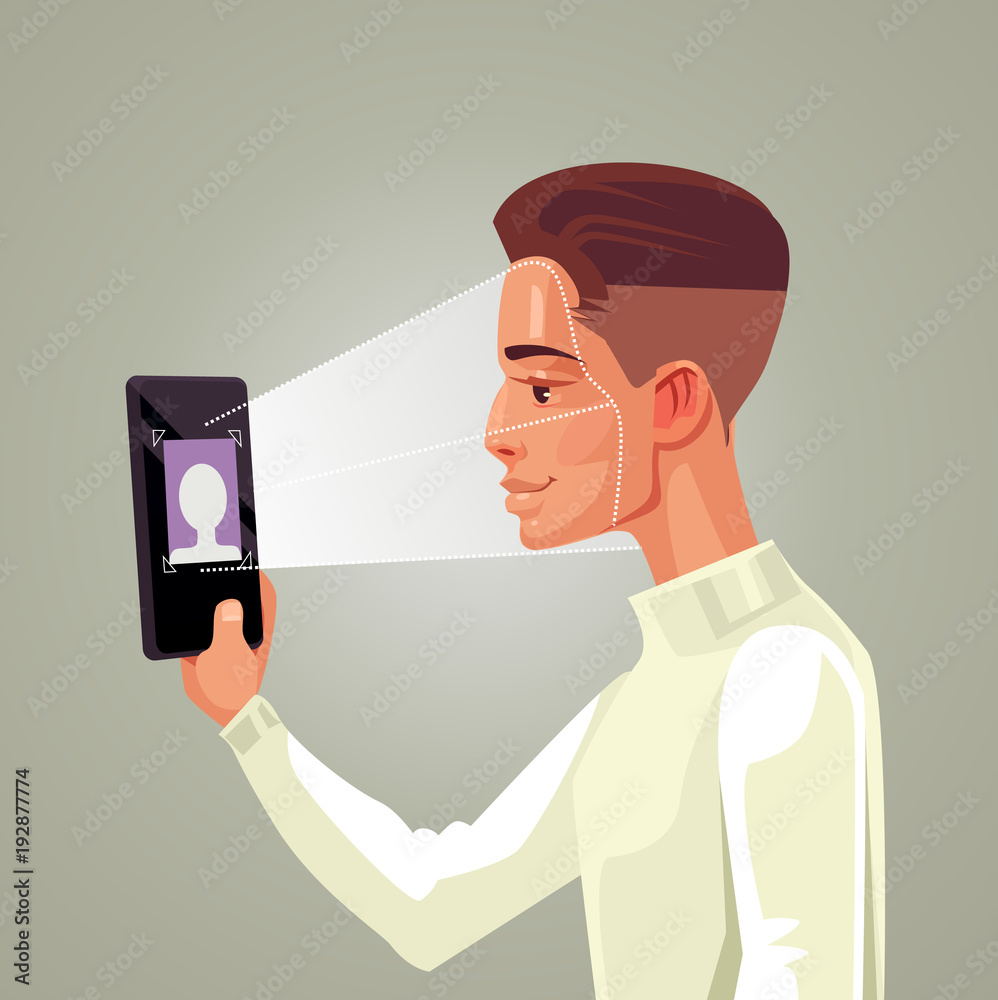 Facial recognition smart phone concept. Man character hold gadget ...