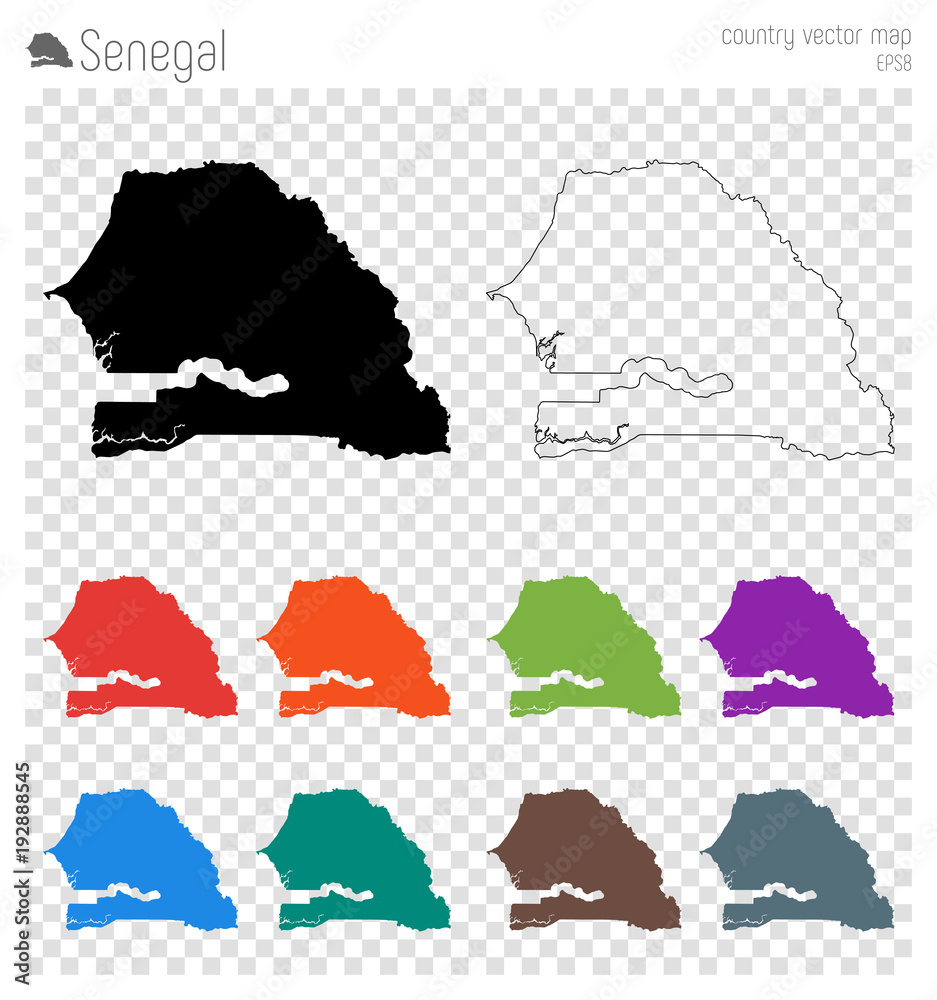 Senegal high detailed map. Country silhouette icon. Isolated Senegal black map outline. Vector ...