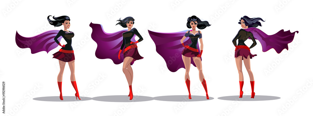 Comic superwoman actions in different poses. Female superhero vector ...