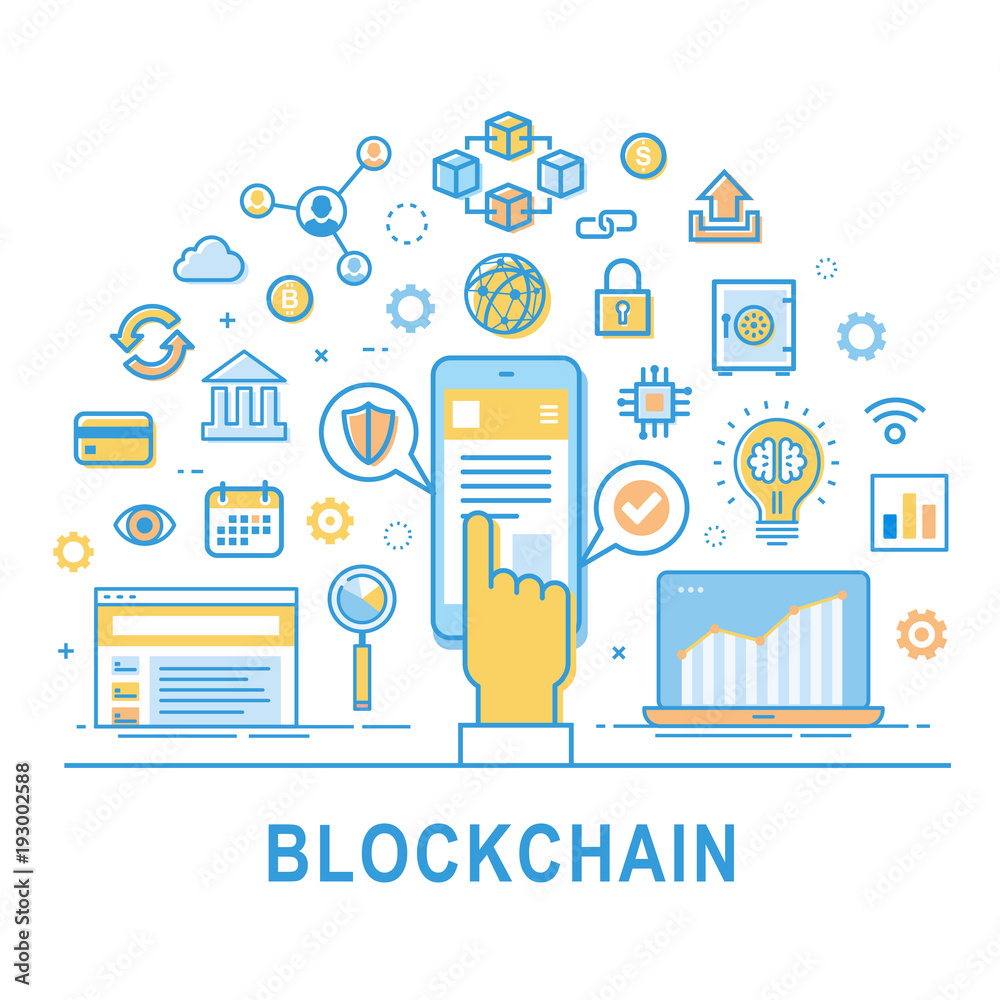 Blockchain technology line vector illustration on white background with text "Blockchain ...