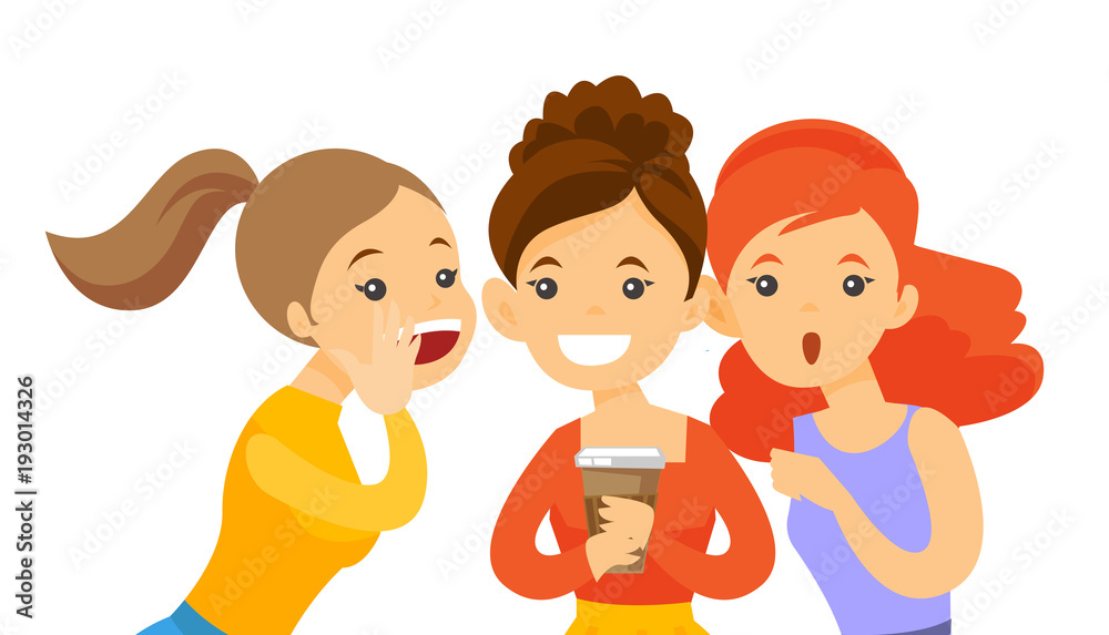 Young caucasian white woman shielding her mouth and whispering a gossip ...