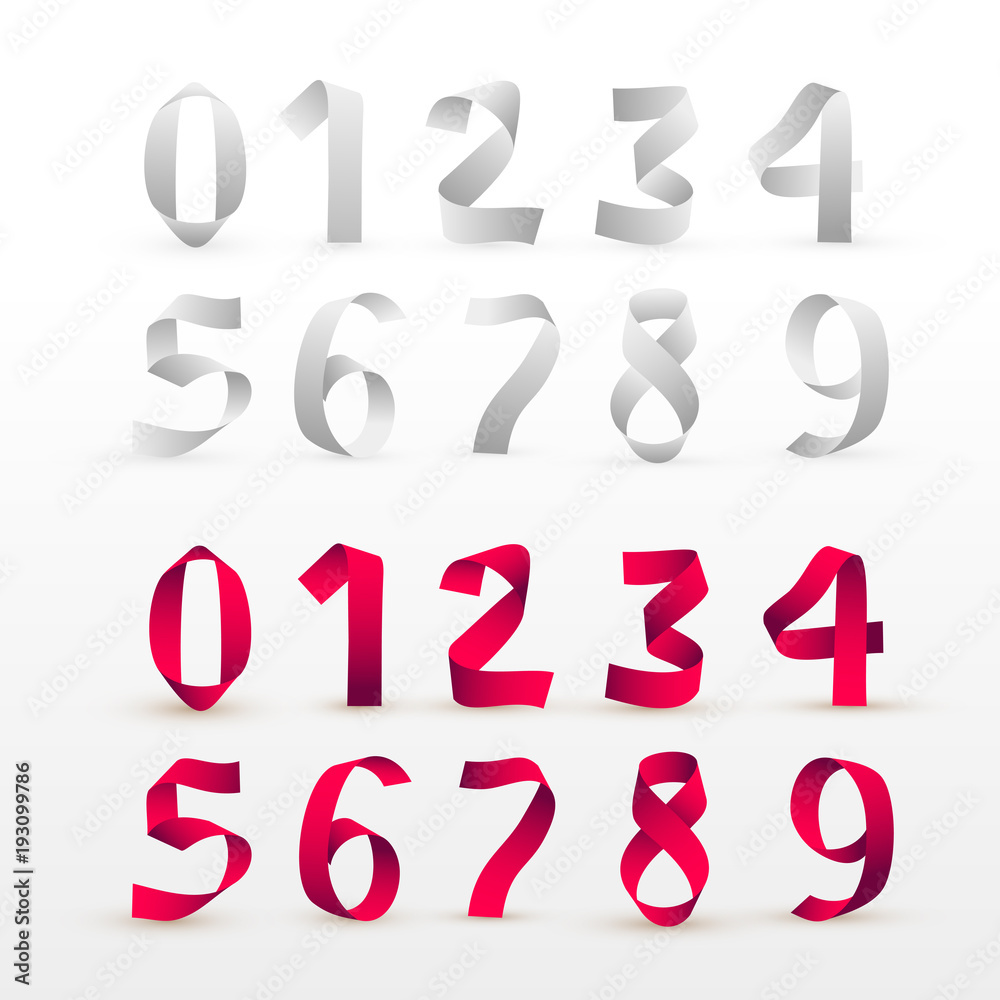 Set of paper folding numbers. White and red ribbon script font. Modern ...