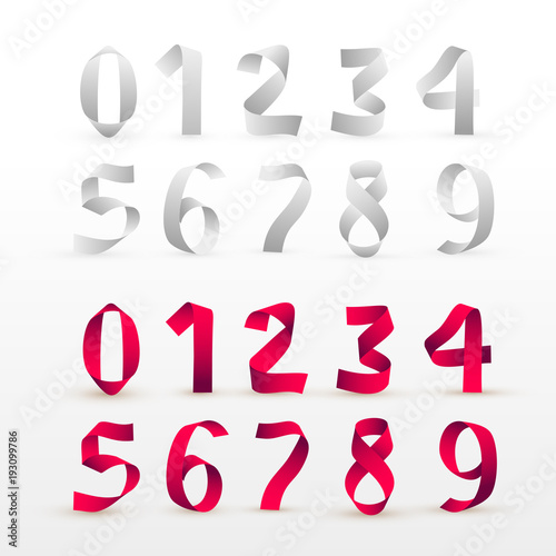 Set of paper folding numbers. White and red ribbon script font. Modern ...