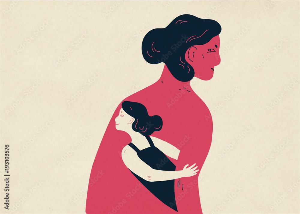 Woman and her small copy hiding under her arm and looking out. Concept ...