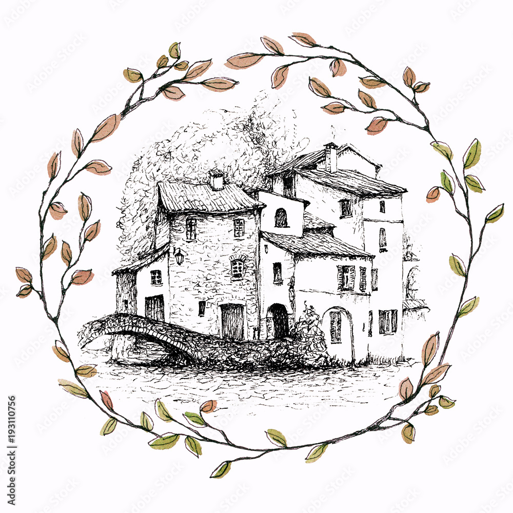 A pen sketch of Italian landscape - a village on a lake called Como, in ...