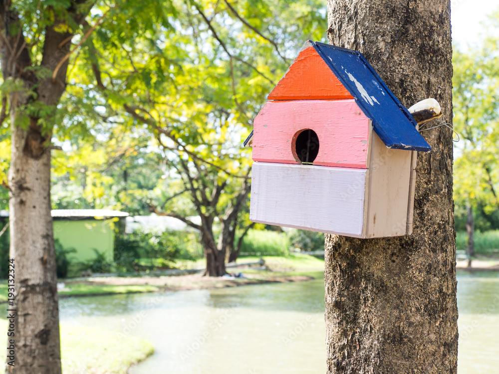 Colorful Bird Houses in the park Hanging on a tree, The bird house was ...