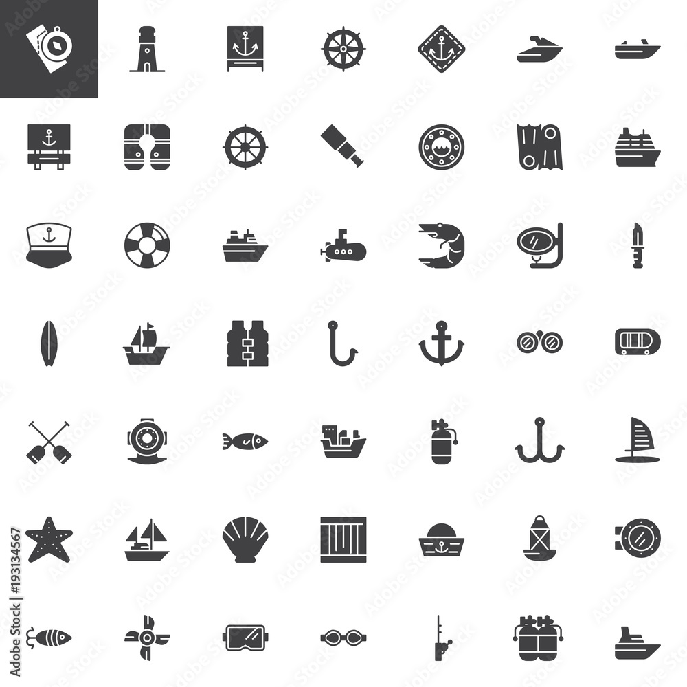 Nautical vector icons set, modern solid symbol collection, filled style ...