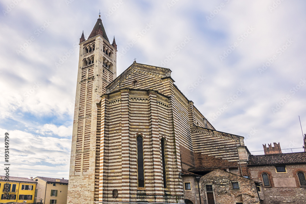 View of Basilica di San Zeno Maggiore bell tower in Verona. Basilica di ...