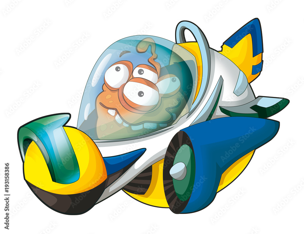 cartoon scene with some funny looking alien flying in alien machine ...