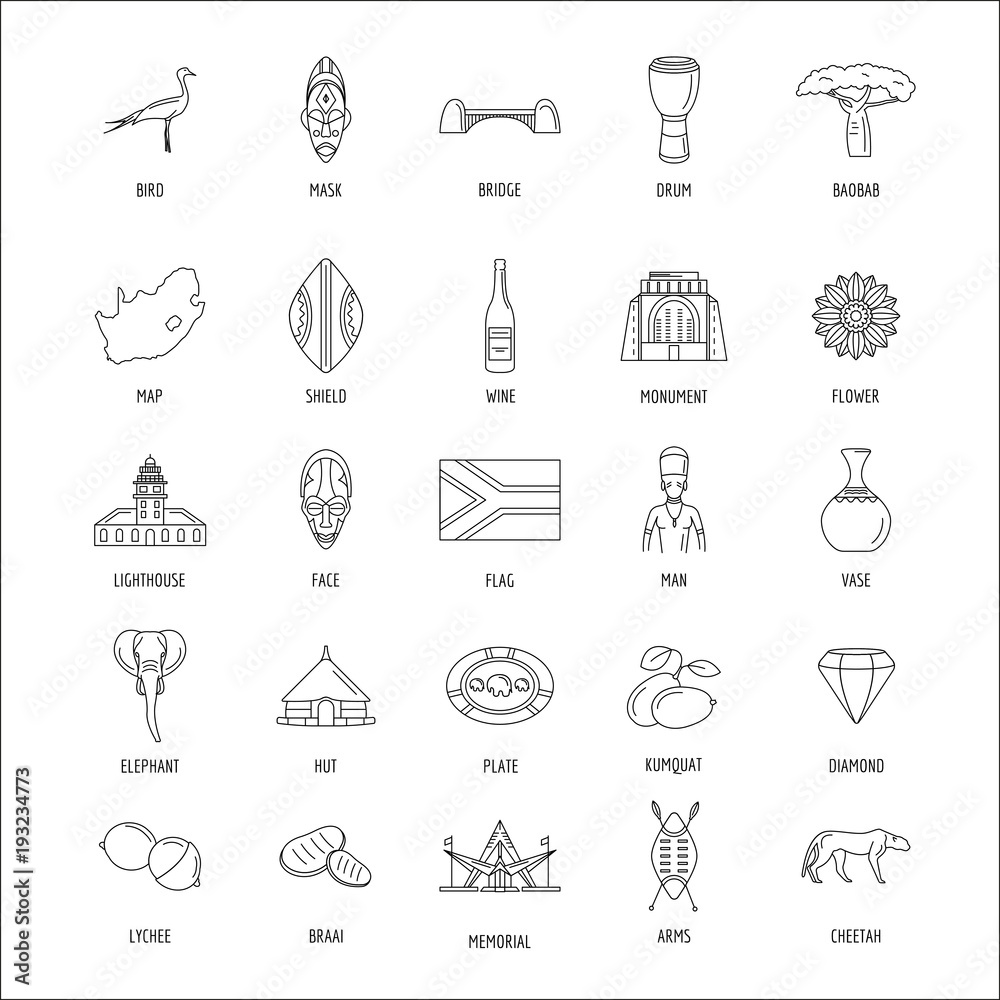 South Africa culture and traditions outline icons set. South Africa ...