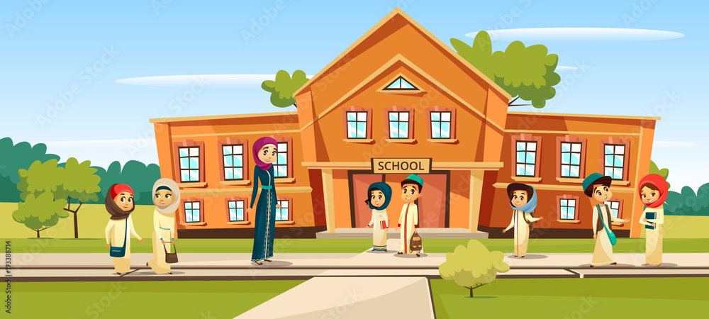 Muslim school vector illustration cartoon children and teacher going to ...