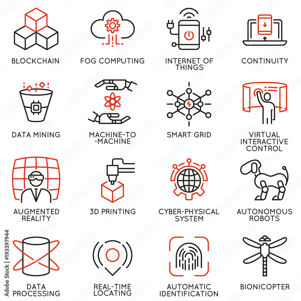 Vector set of 16 linear icons related to future innovation technology ...