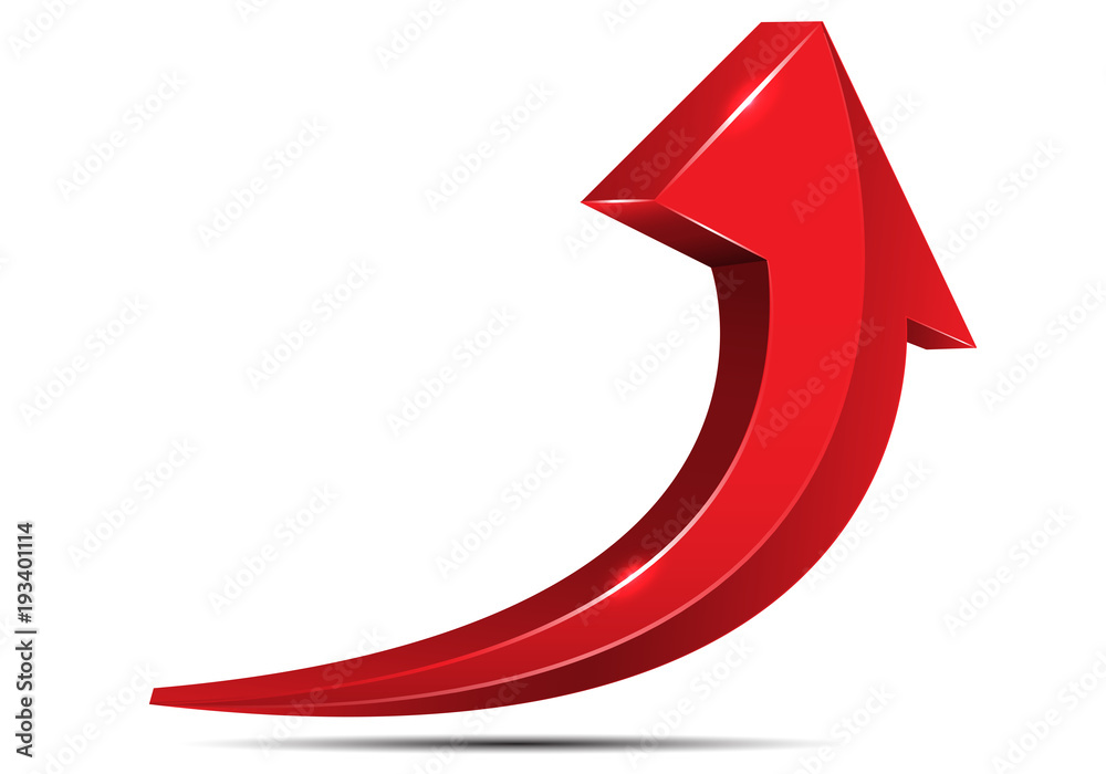 Abstract red arrow symbol 3D curve up white shadow on white background ...