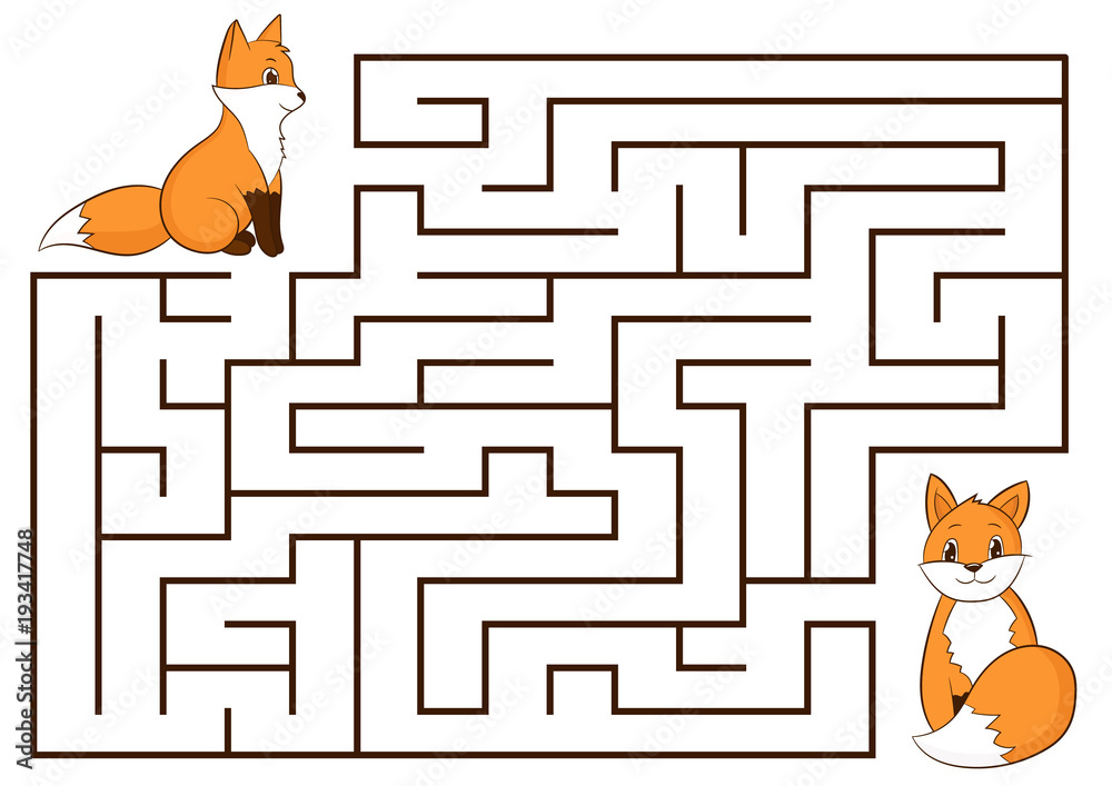 Educational maze game with cute cartoon fox. Activity page for kids ...