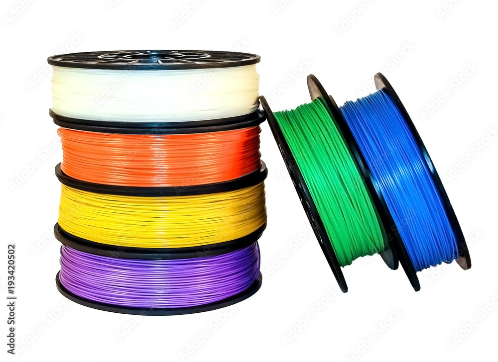 Filament for 3d printing: six coils of thermoplastic. The white, orange ...