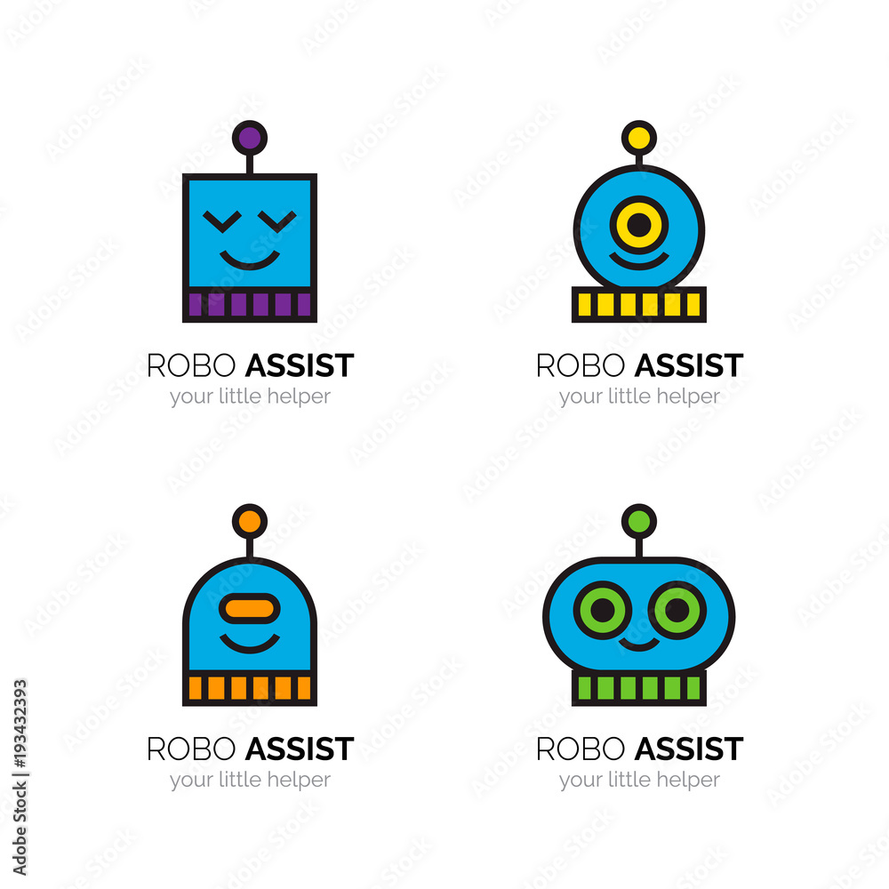 Robots funny mascots logos. Cartoon robotic avatar heads collection ...