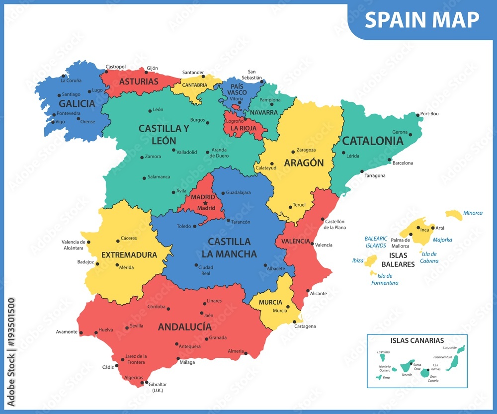 The detailed map of the Spain with regions or states and cities ...