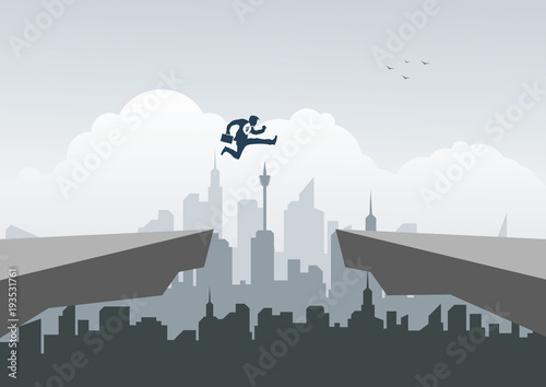 Businessman jumping over chasm vector concept. Symbol of business ...