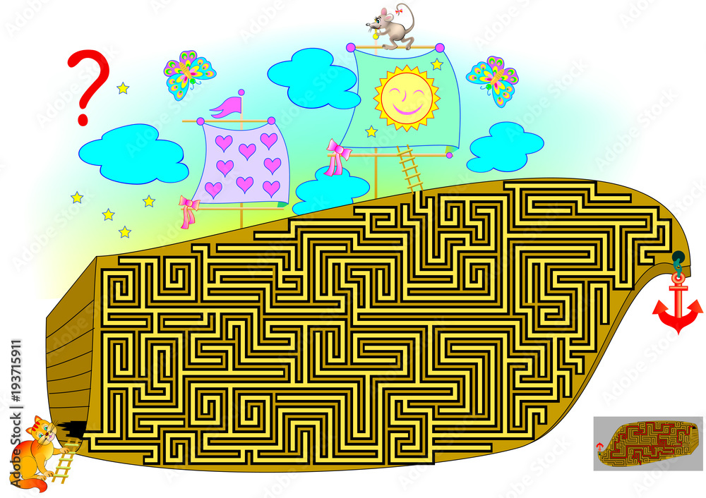 Logic puzzle game with labyrinth for children and adults. Help the cat ...