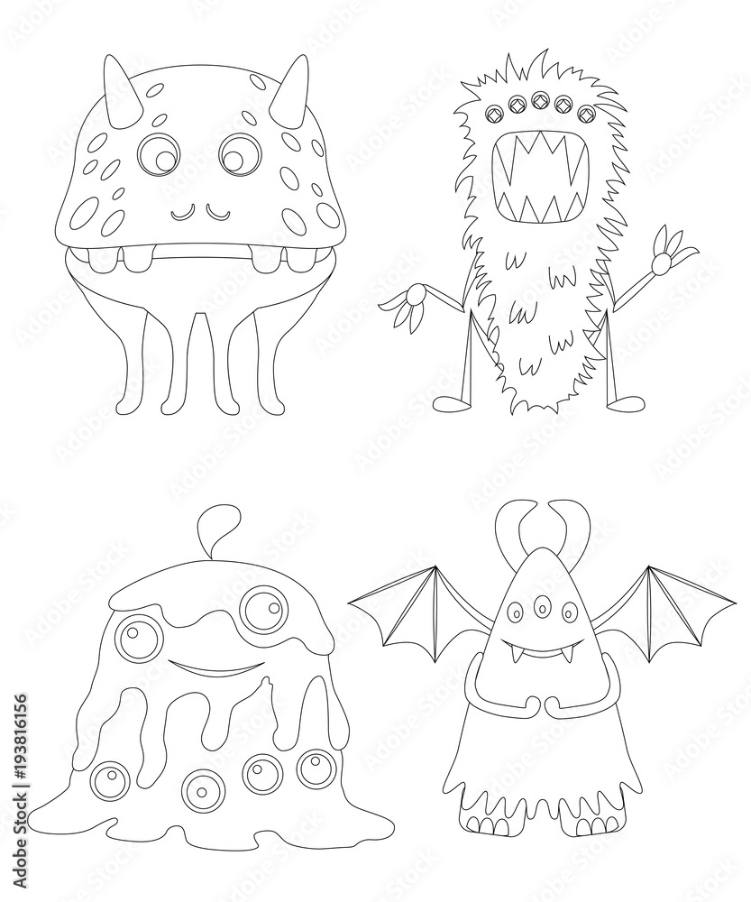Childrens coloring page with funny cartoon monsters Stock Vector ...
