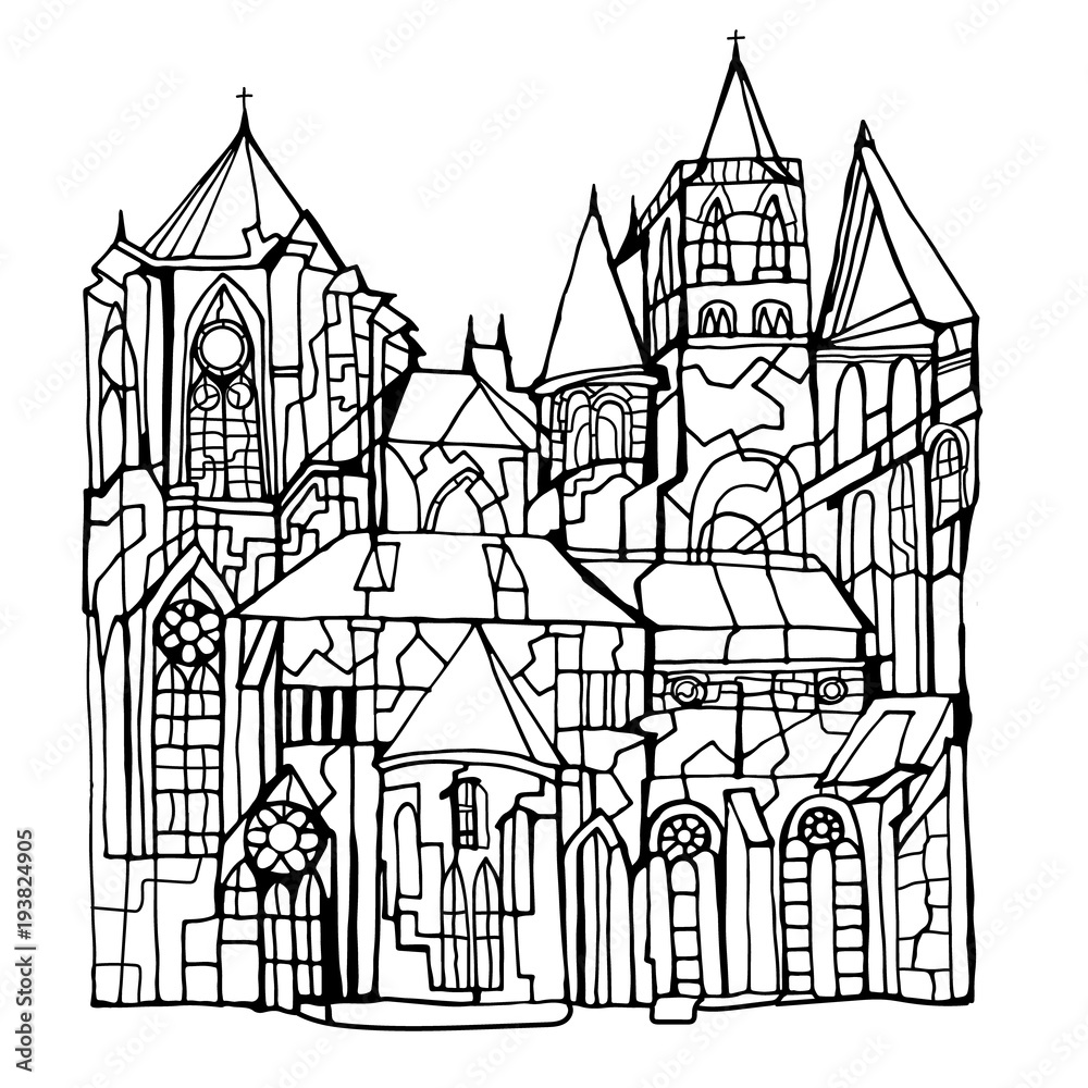 Abstract line art vector illustration featuring medieval city with ...