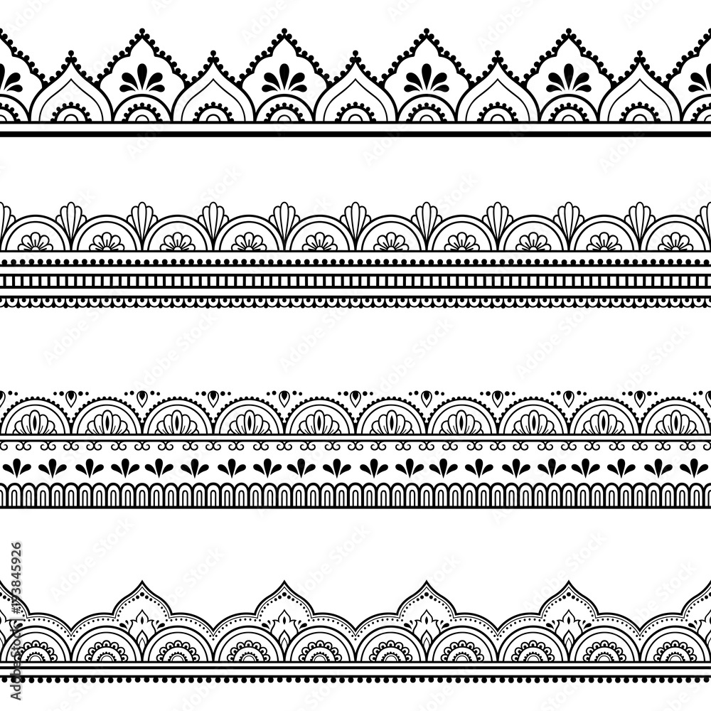 Set of seamless borders for design and application of henna. Mehndi ...