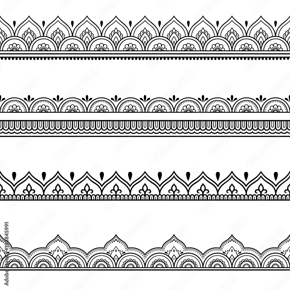 Set of seamless borders for design and application of henna. Mehndi ...