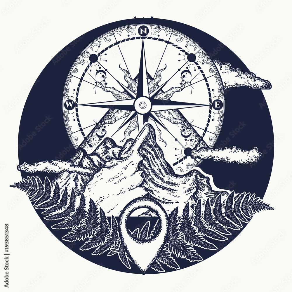 Mountain top and vintage compass tattoo and t-shirt design. Mountains ...