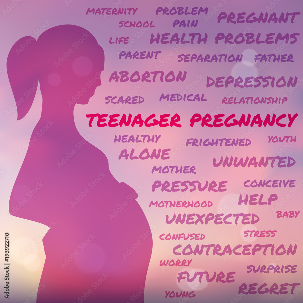 Teenager pregnancy, pink silhouette. Word cloud collage . Colorful ...