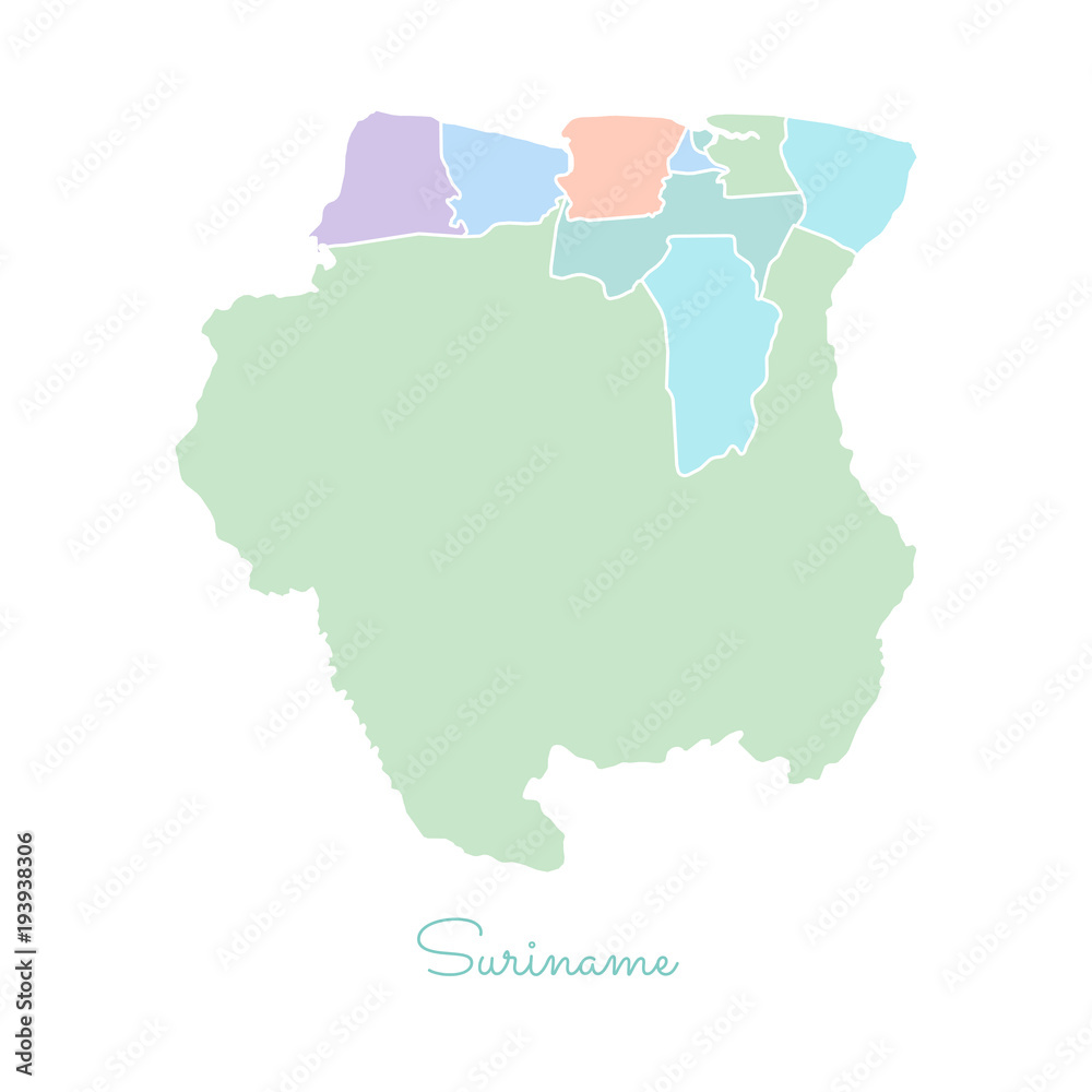 Suriname region map: colorful with white outline. Detailed map of ...
