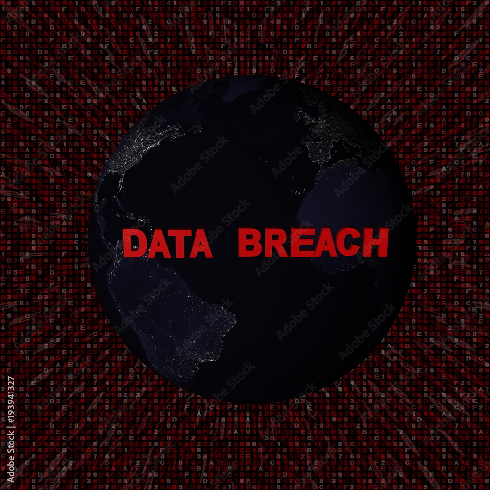 Data Breach text with earth by night and red hex code illustration - elements of this image ...