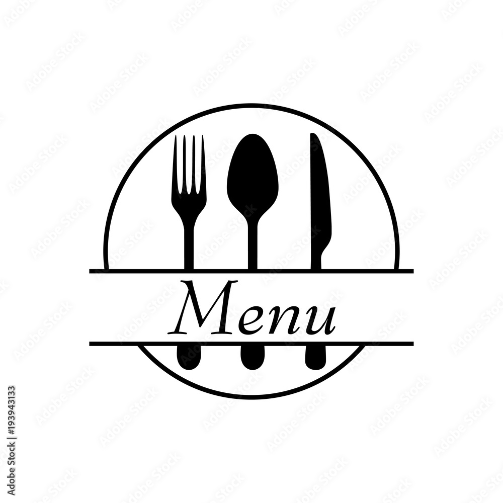 Icono plano MENU con cubiertos y circulo en color negro Stock Vector ...